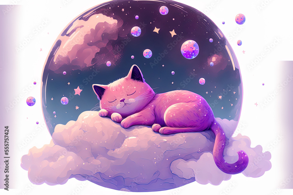 Floating purple planet with blue and pink clouds, stars, and flying ...