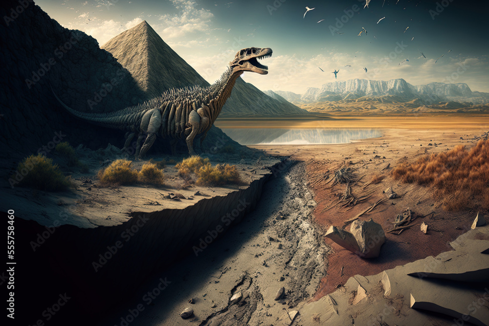 Daytime natural landscape with layers of earth containing dinosaur ...