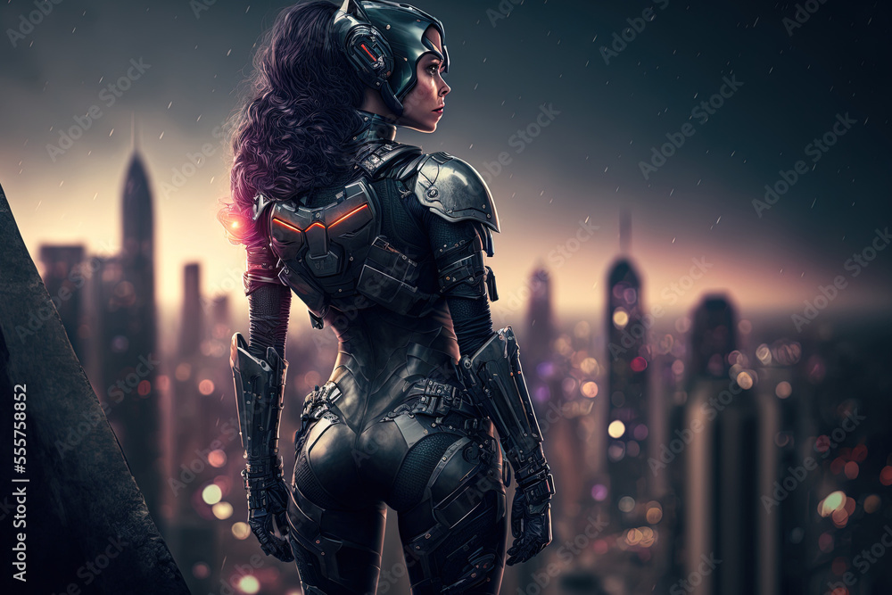 Cyborg woman perched on her haunches on the edge of a towering building ...