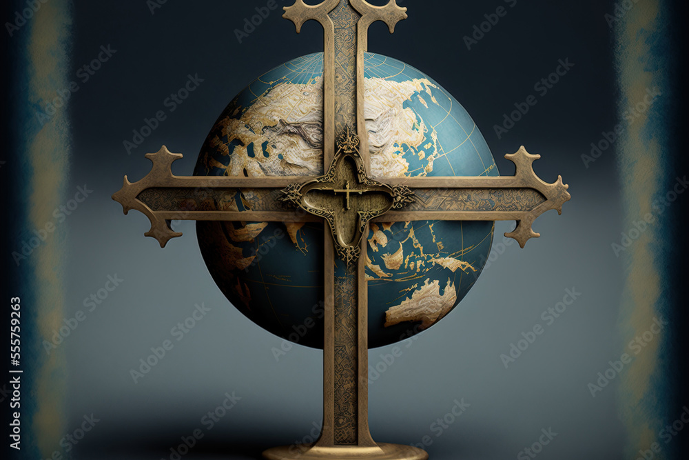 design of crucifix cross on a globe map. Generative AI Stock ...