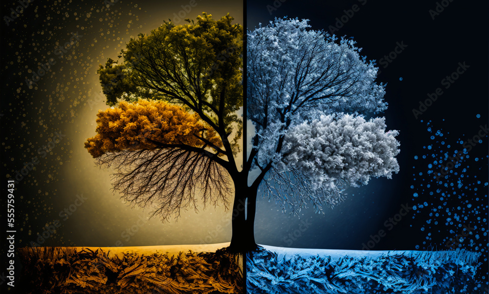 An isolated tree representing each season of the year and the cycle of ...