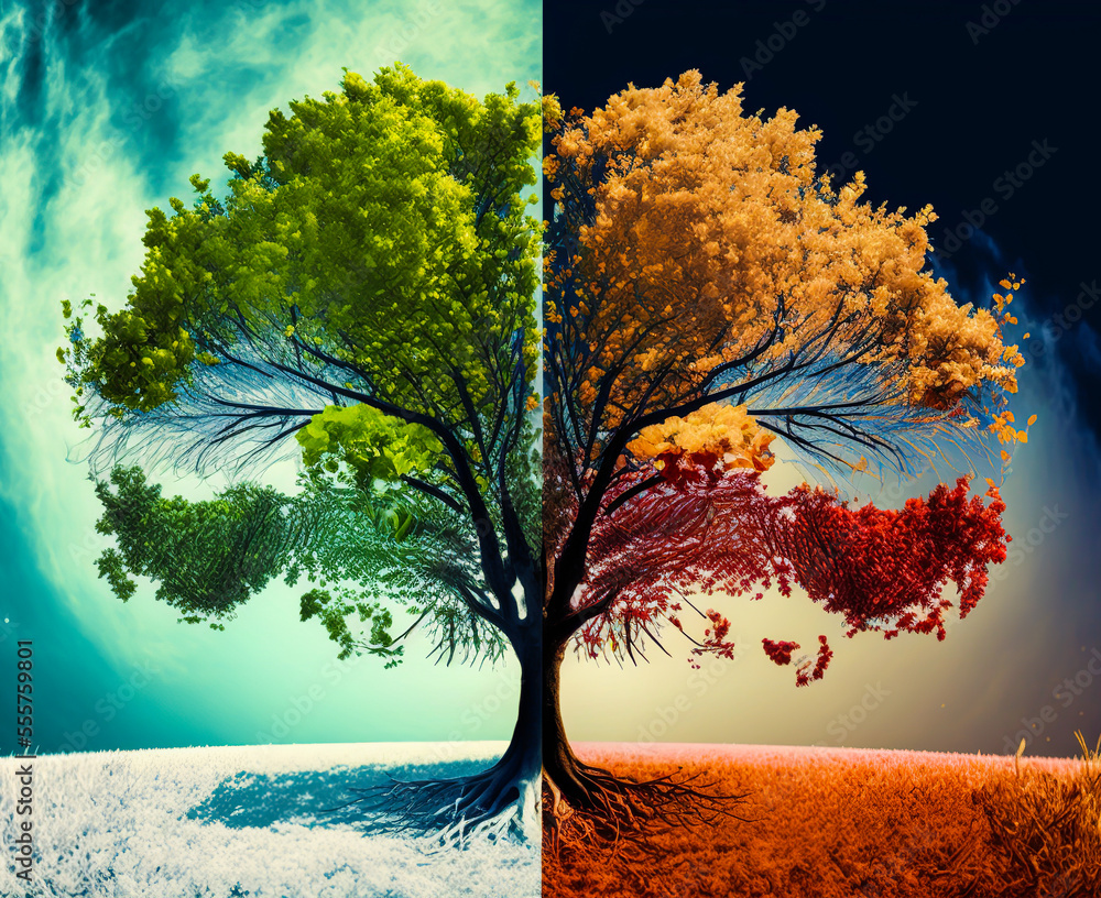 A tree is represented in different states, reflecting the four seasons ...
