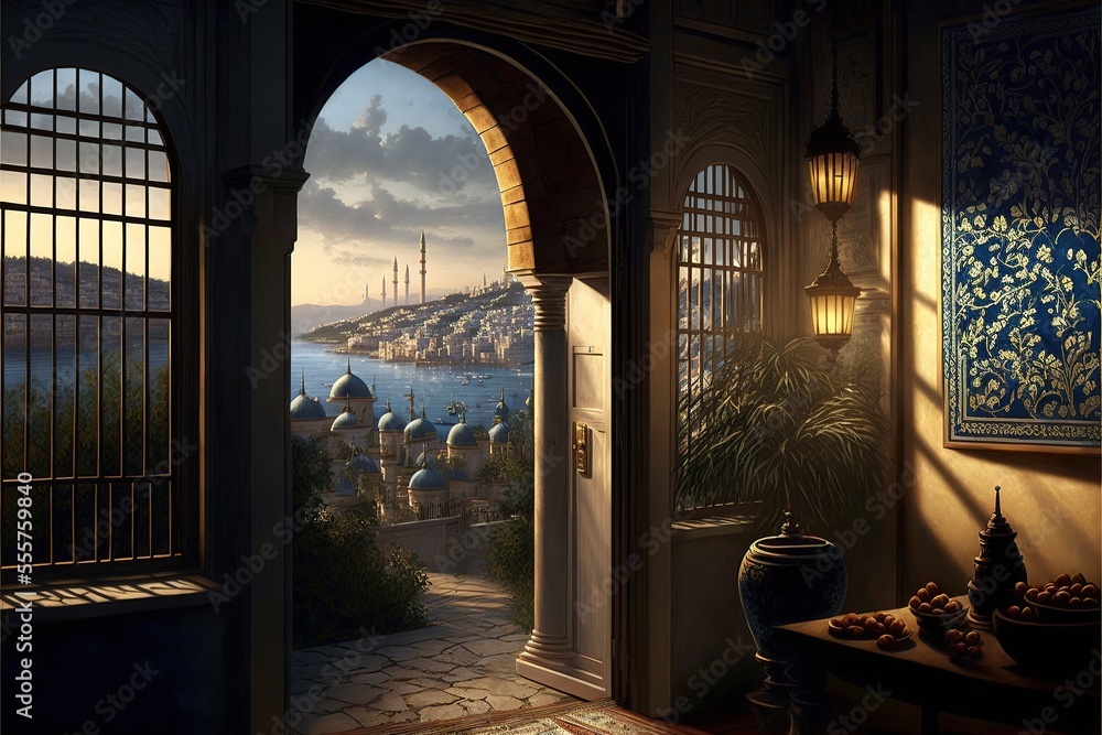 Turkish patio overlooking the Bosphorus and mosques. Balcony with ...