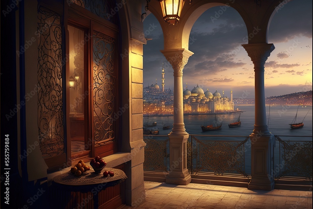 Turkish patio overlooking the Bosphorus and mosques. Balcony with ...