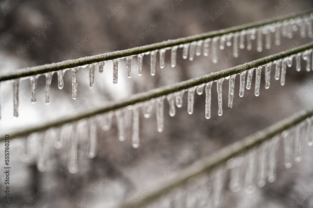 Electric cables, wires are covered with ice after the phenomenon of ...