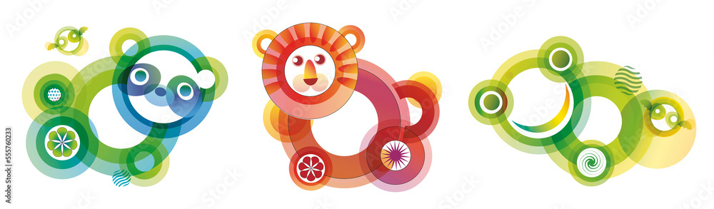 Set of 3 gradient cute animals vector illustration sticker (lion, panda ...
