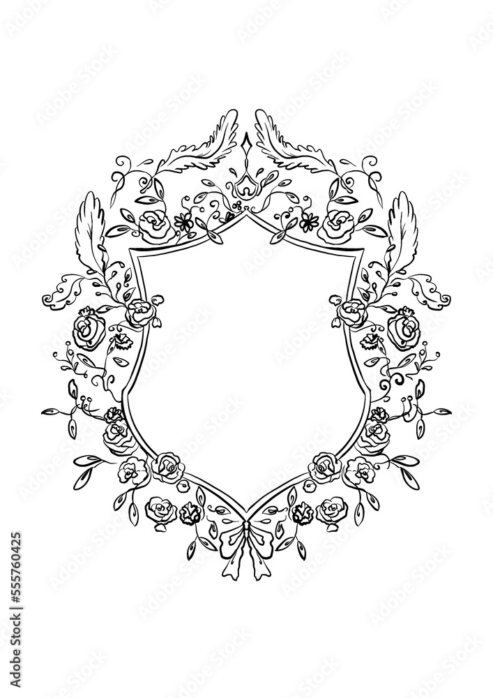 Vintage crest bridal wedding line art frame on the white isolated ...