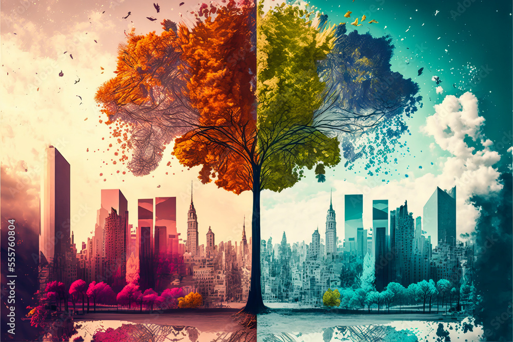 Capture the cycle of life with this vivid 4-season tree and city ...