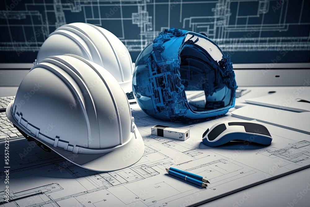 concepts in construction. blueprints on the engineers workstations ...