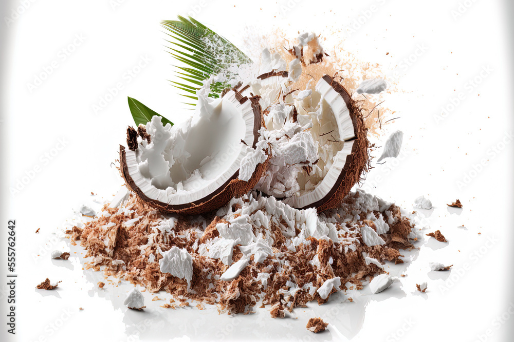 Coconut flakes piled high and isolated on a white backdrop. Generative ...