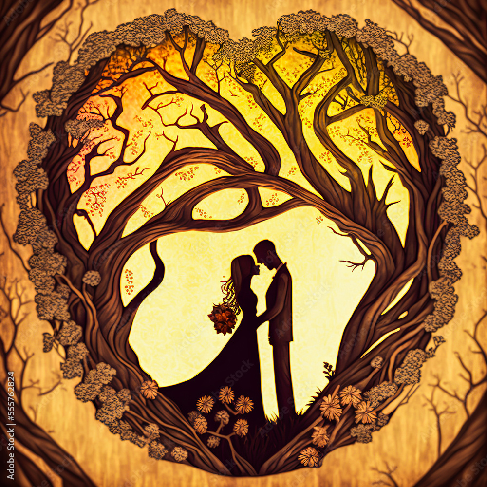 Lovely image representing a heart shaped tree with a married couple ...