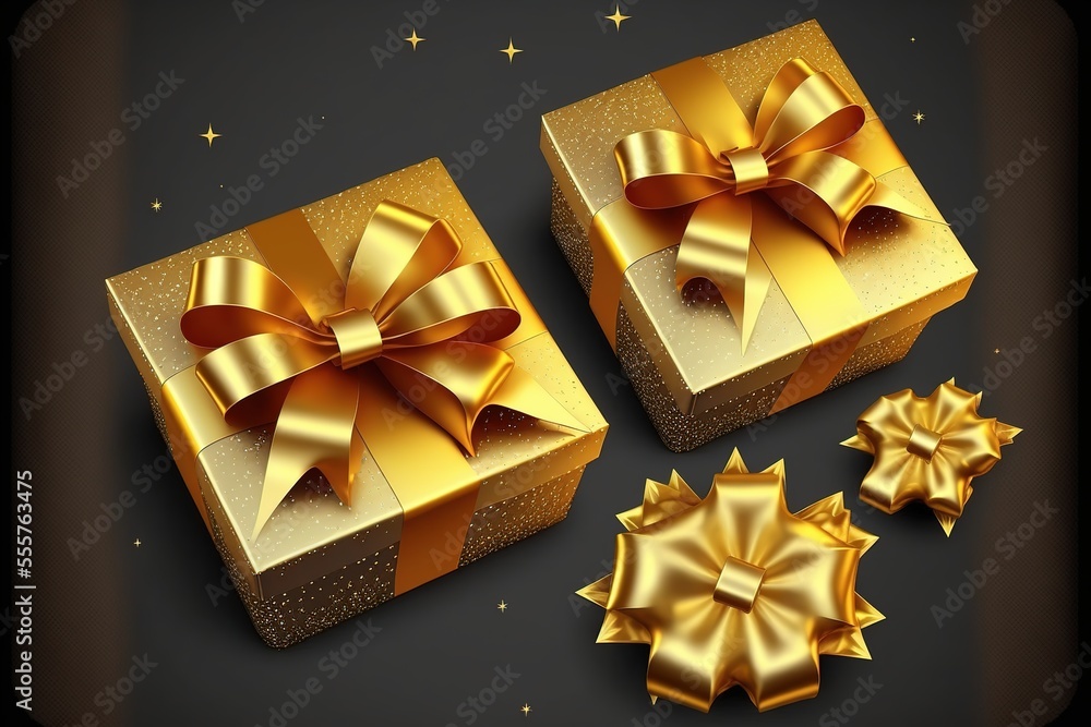golden gift boxes with bright golden ribbon bow isolated on transparent ...