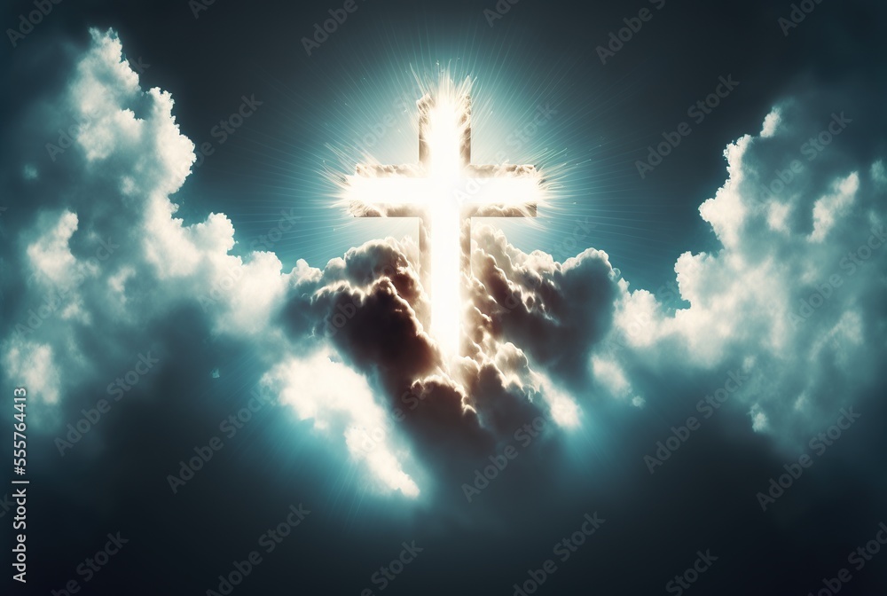Shining cross in clouds on blue sky. Copy space. Ascension day concept ...