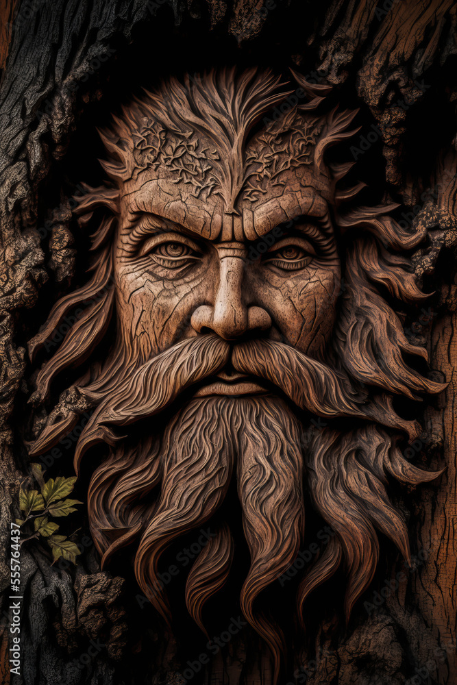 A mysterious old man, a deity of the past, from the trunk of an ancient ...