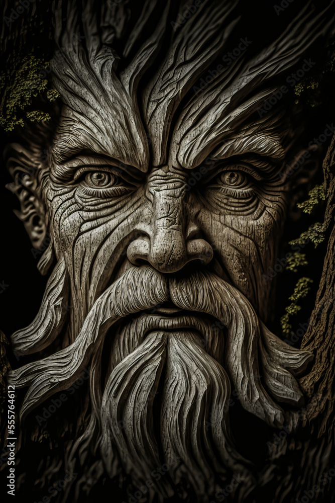 A god idolized in the past, represented in the trunk of a thousand-year ...