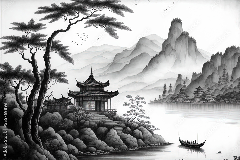 Classic Chinese landscape in a carrier drawing. Generative AI Stock ...