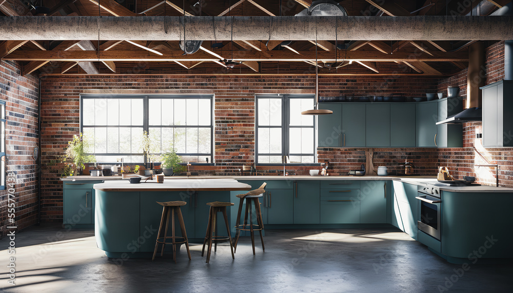 Kitchen in the loft style, characterized by an open and spacious layout ...