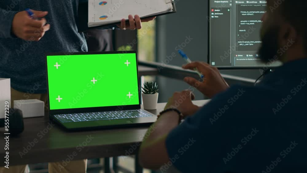 Database Admins Analyzing Source Code And Greenscreen Display On Computer To Develop Software
