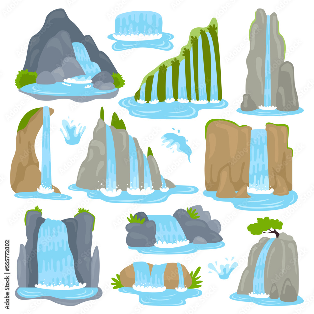 Waterfalls flat icons set. Ecosystem. Moving or sloping water move from rocks. Beautiful ...