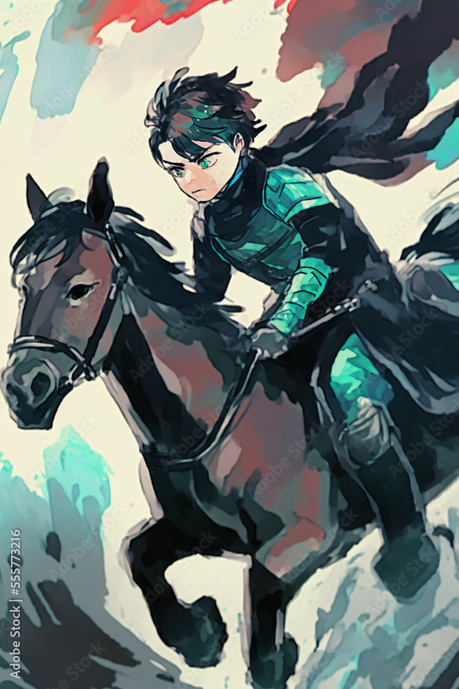 anime boy riding horse Stock Illustration | Adobe Stock