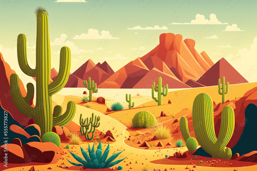 Cartoon desert landscape background with cactus, sand dunes, and ...
