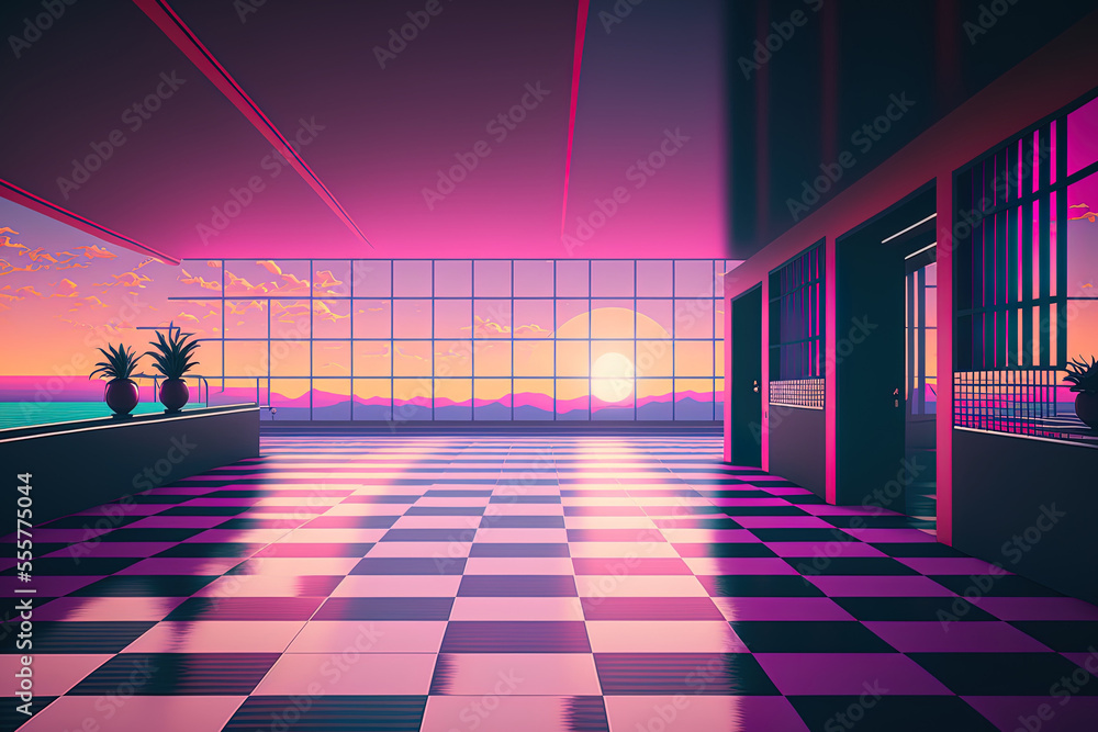 Beautiful artwork of a neon sky setting and a checkered tile floor with ...