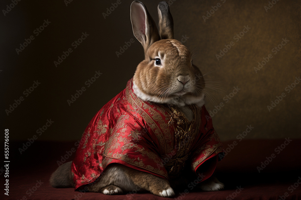 solemn looking rabbit dressed in a red traditional outfit for the ...