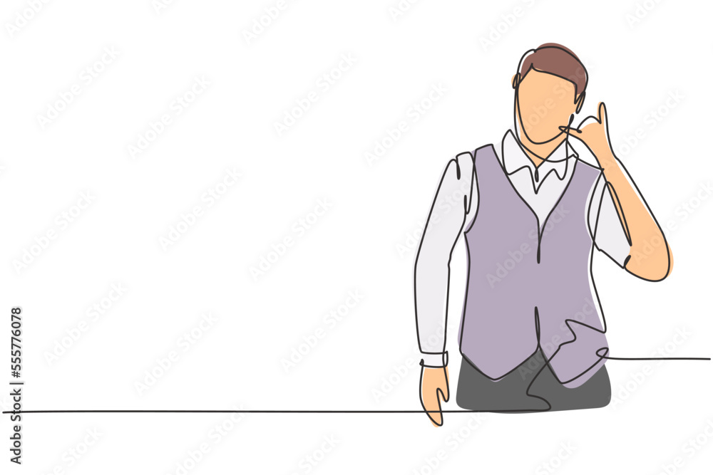 Continuous one line drawing steward with call me gesture ready to serve ...