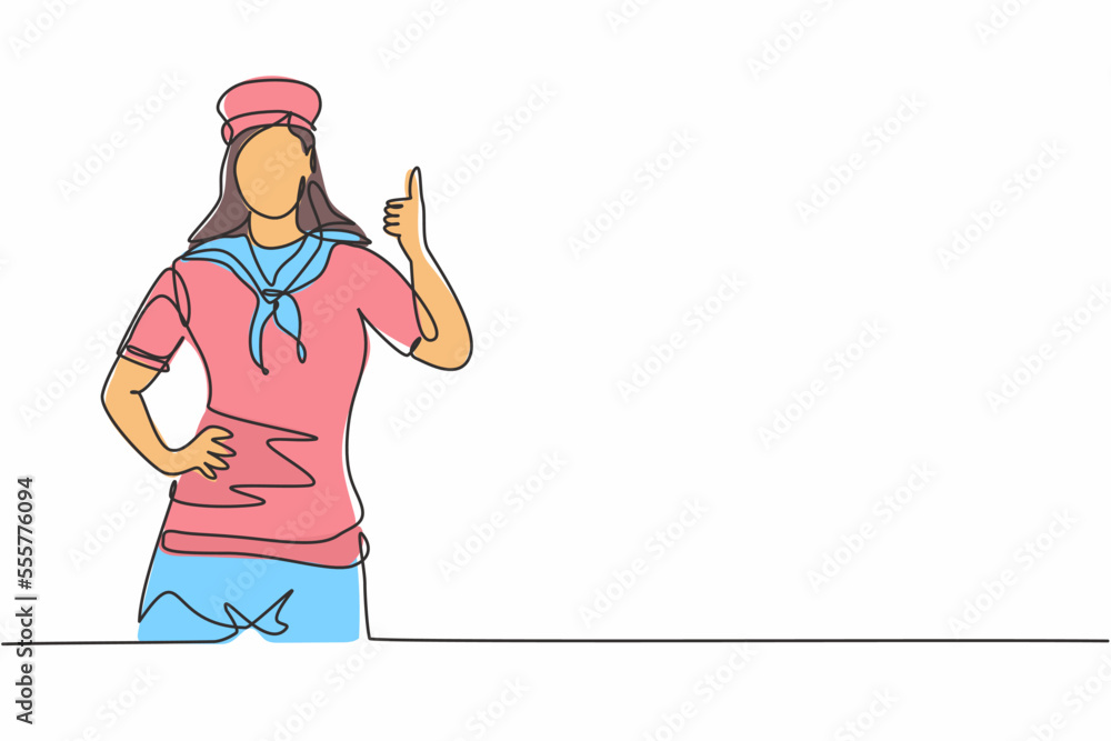 Single one line drawing of sailor woman with a thumbs-up gesture ready ...