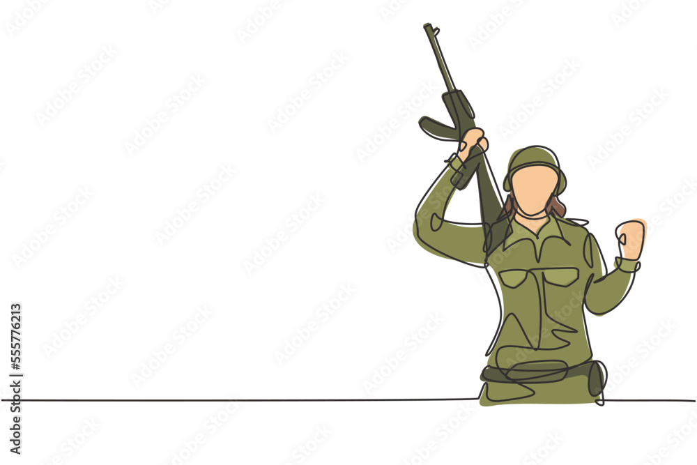 Single continuous line drawing female soldier with celebrate gesture ...