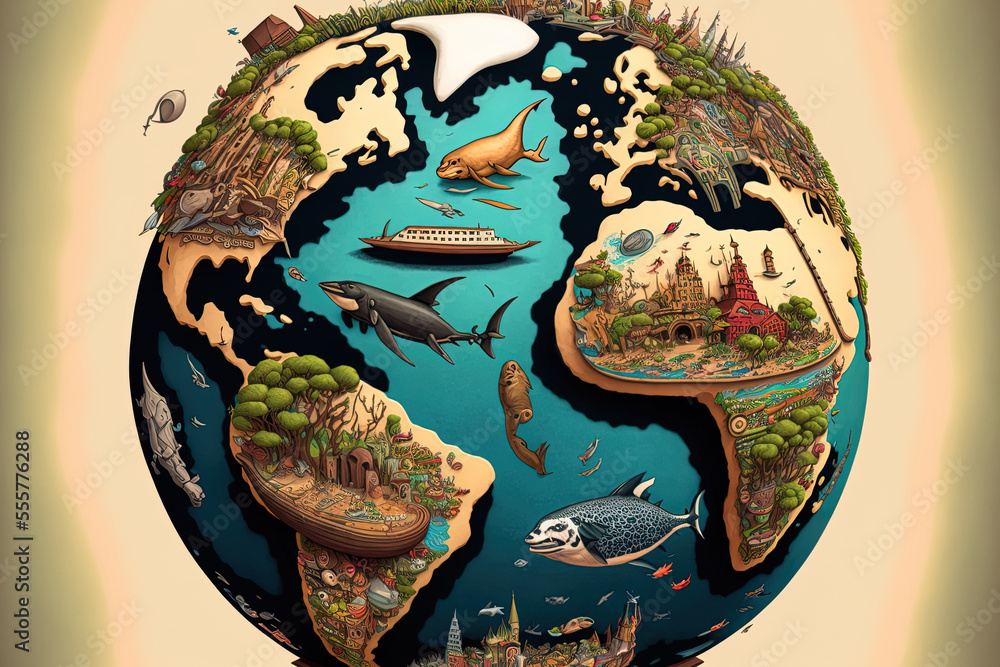 Cartoon globe map including wildlife and tourist destinations ...