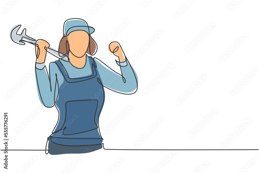 Single continuous line drawing female plumber with celebrate gesture ...