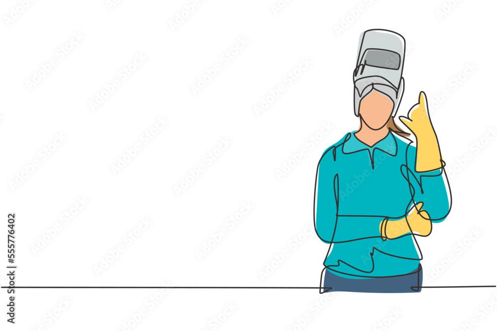 Single one line drawing female welder with call me gesture works in ...