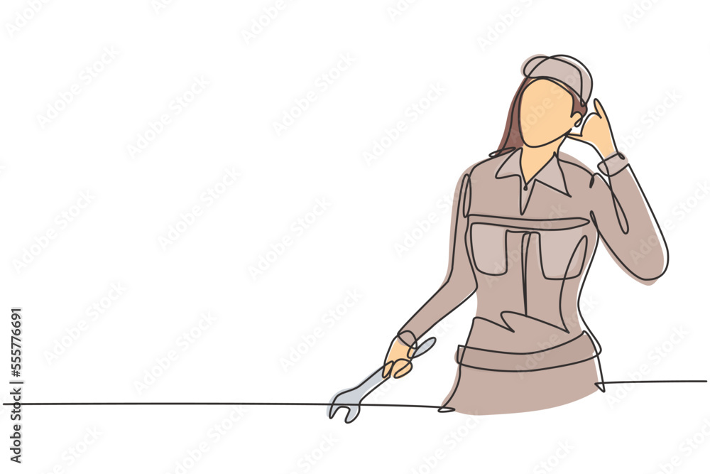 Continuous one line drawing female mechanic with call me gesture and ...
