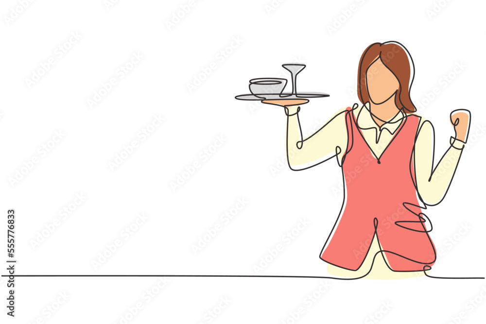 Single continuous line drawing waitress with celebrate gesture and ...