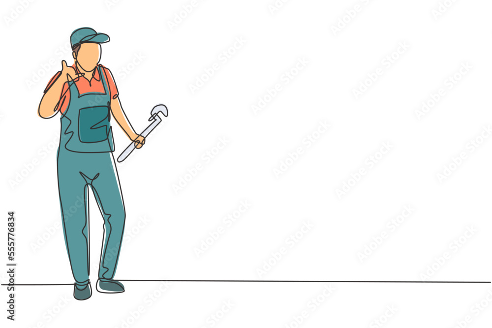 Single one line drawing plumber stands with call me gesture and holding ...