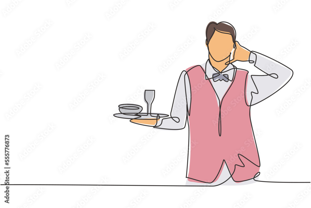 Continuous one line drawing waiter with call me gesture and brought a ...