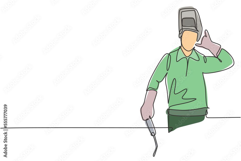 Single continuous line drawing welder with call me gesture works in the ...