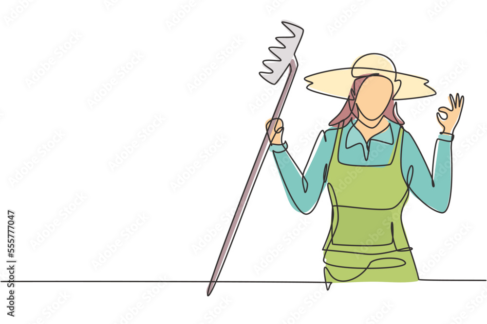 Continuous one line drawing female farmer with gesture okay wearing ...