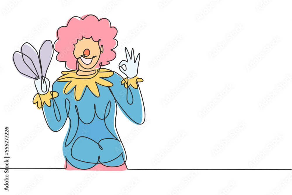 Continuous one line drawing female clown with gesture okay, wearing wig ...