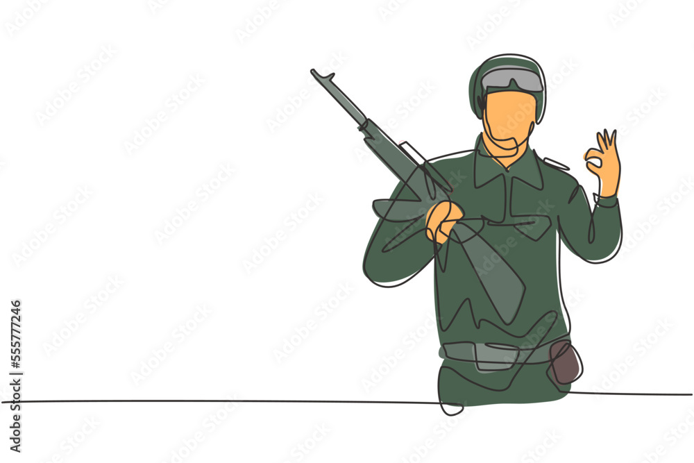 Single continuous line drawing soldier with weapon, full uniform ...