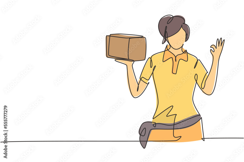 Continuous one line drawing deliverywoman with gesture okay, carrying ...