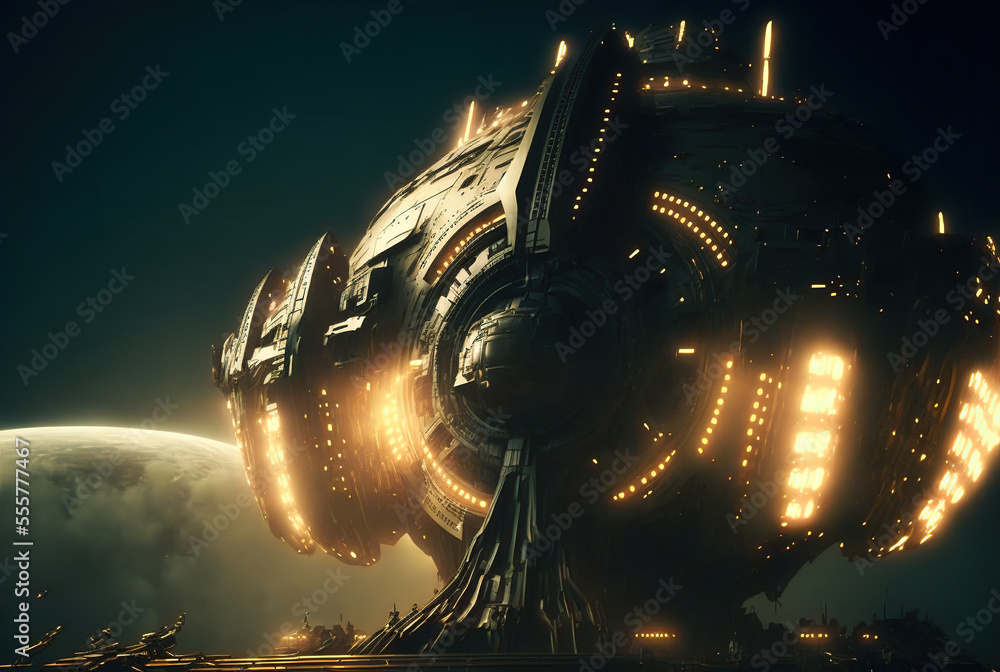 A huge alien futuristic megastructure spaceship on a planet, created ...