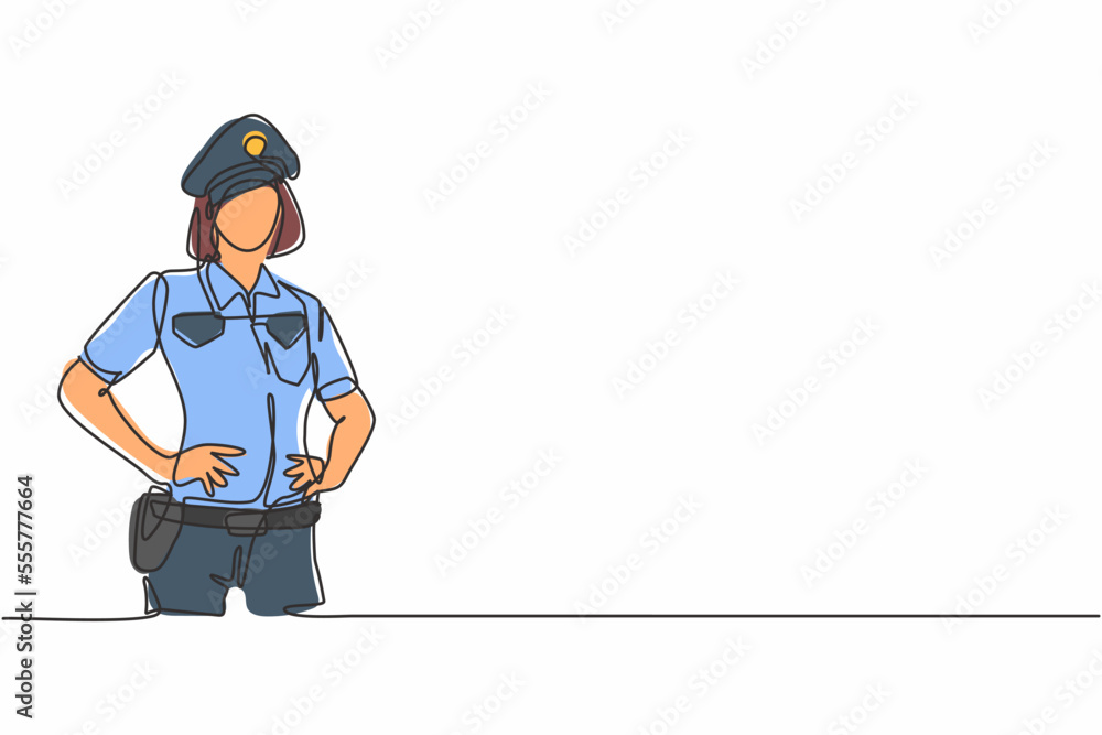 Single continuous line drawing of young beautiful police woman on ...