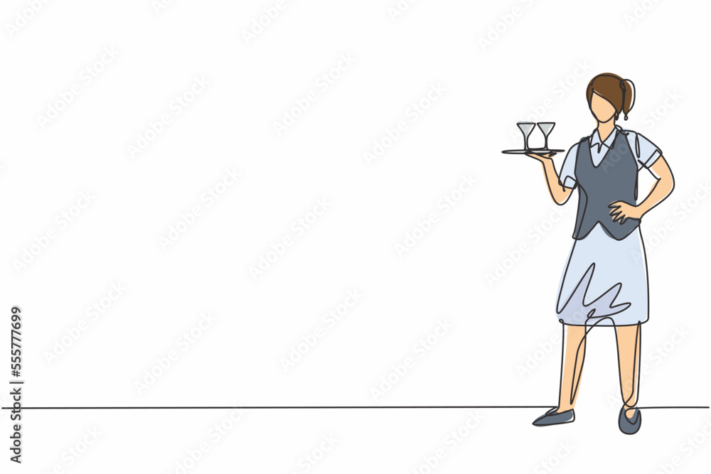 Continuous one line drawing of young beautiful female waitress holding ...