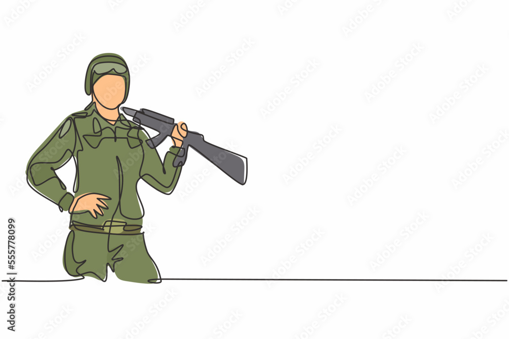 Single one line drawing of young brave female soldier posing with hands ...