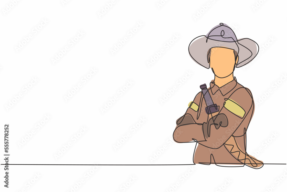 Single one line drawing of young male firefighter with uniform cross ...