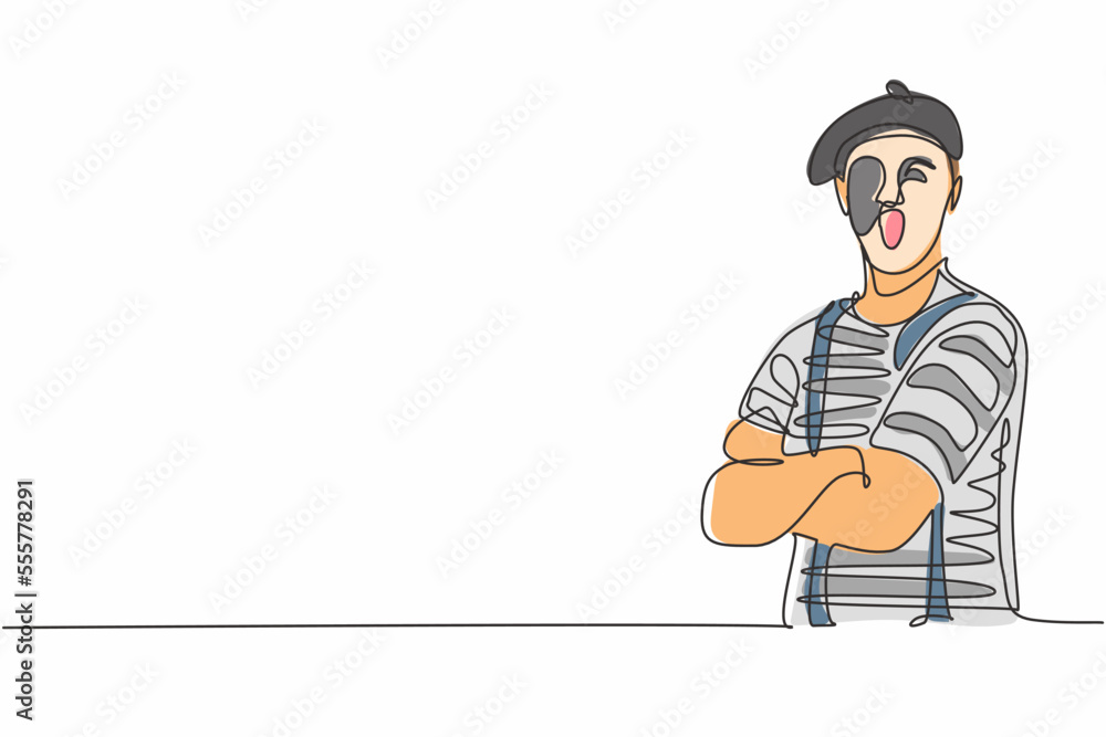 Single one line drawing of young male mime artist with stripped shirt ...