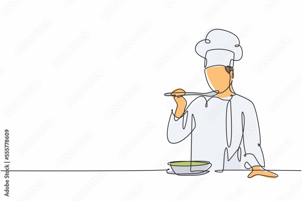 One continuous line drawing of young male chef tasting and smiling soup ...