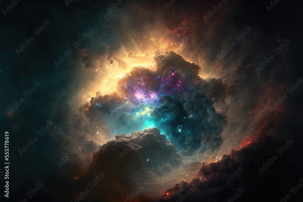Space nebula, colorful space phenomenon with stars, bursts of energy ...